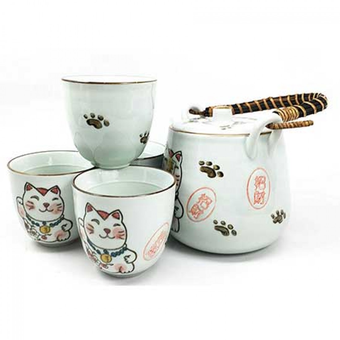 Lucky Cat White Japanese Tea Set With 4 Tea Cups - hwagui.com
